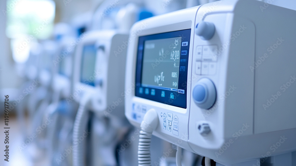row of modern medical monitors displaying vital signs in hospital ...