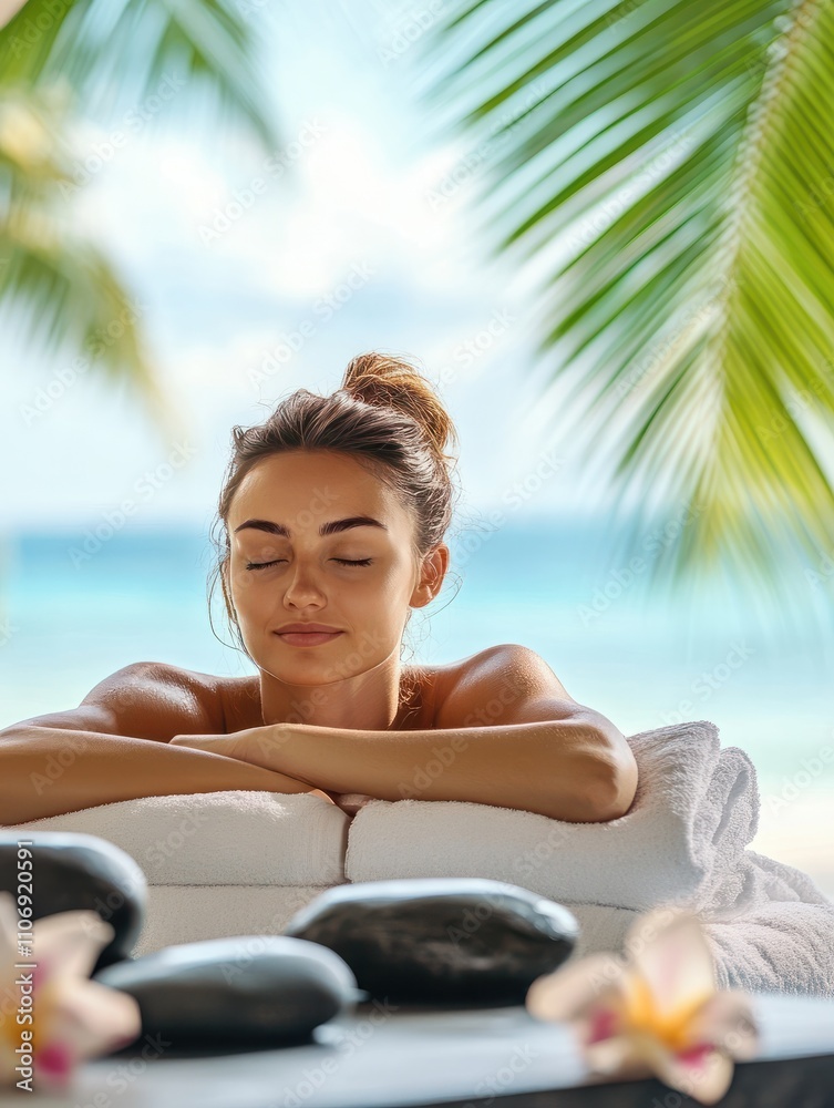 wellness, beauty and relaxation concept - beautiful young woman having ...