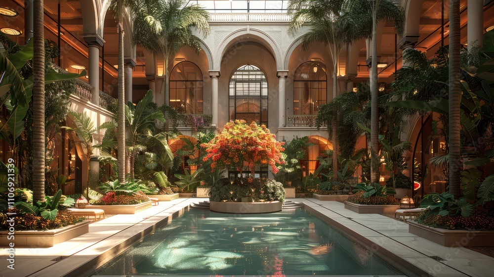 Tropical paradise, A central courtyard featuring a three-story circular ...