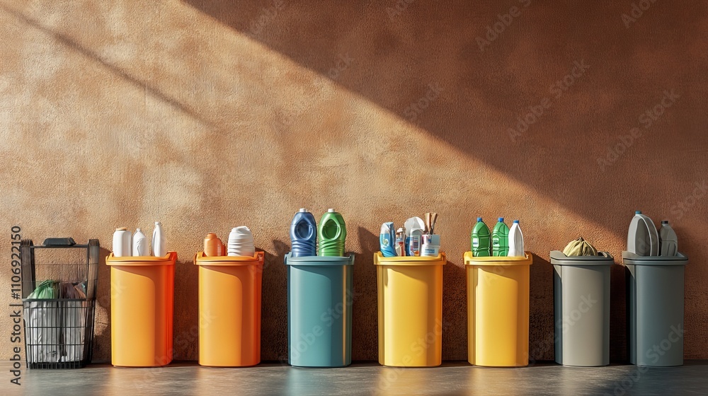 Waste sorting. Illustrations of different garbage types over recycling ...