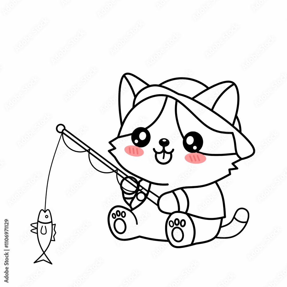 Cute Cat Fishing With Rods And Hat Cartoon Vector Illustration. Cat ...