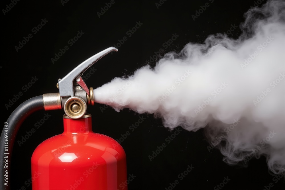 Red fire extinguisher in action against black background with white ...