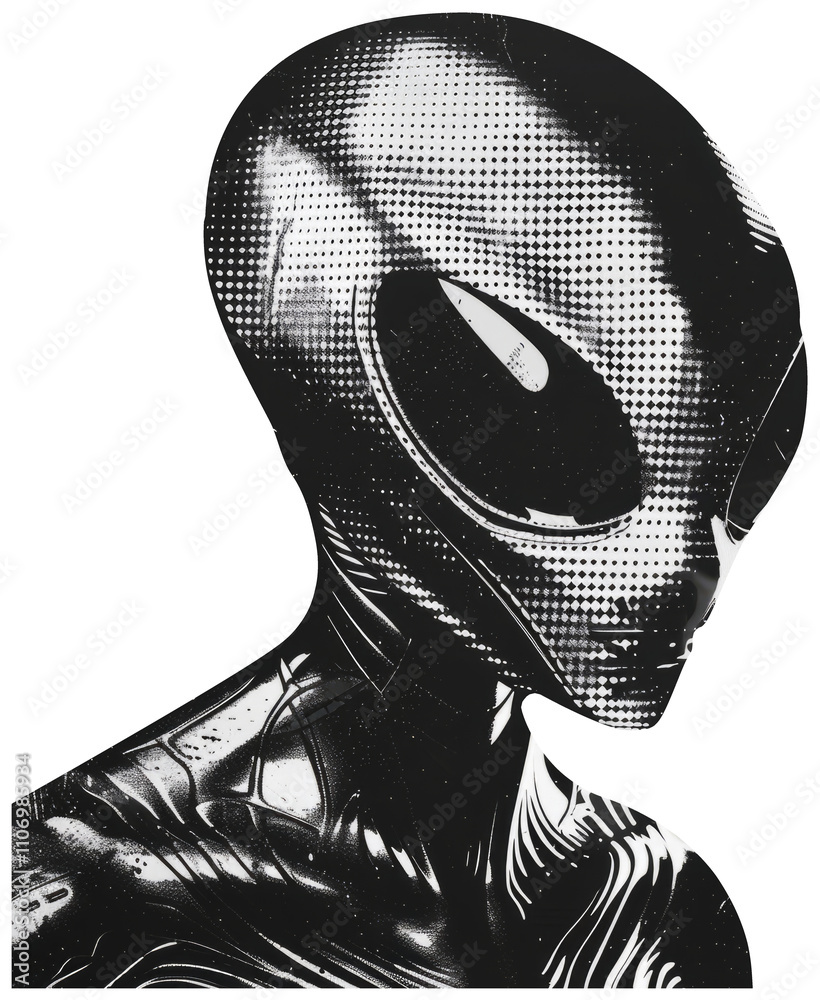 Alien halftone bitmap collage element on transparent background ...