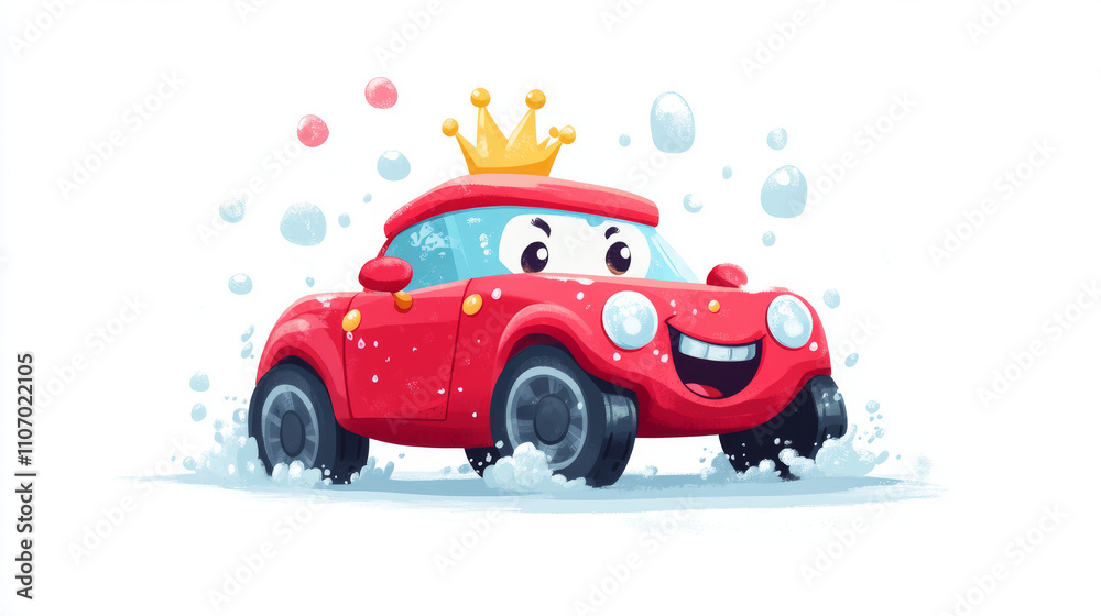 Cartoon car character washing with foam, vip in gold crown, express ...