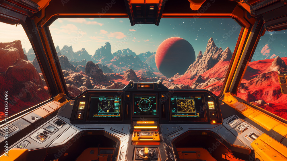 View on alien red planet surface with rock mountains from spaceship ...