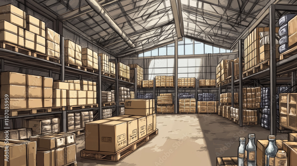 Stock-Illustration „Large warehouse interior with wooden containers ...