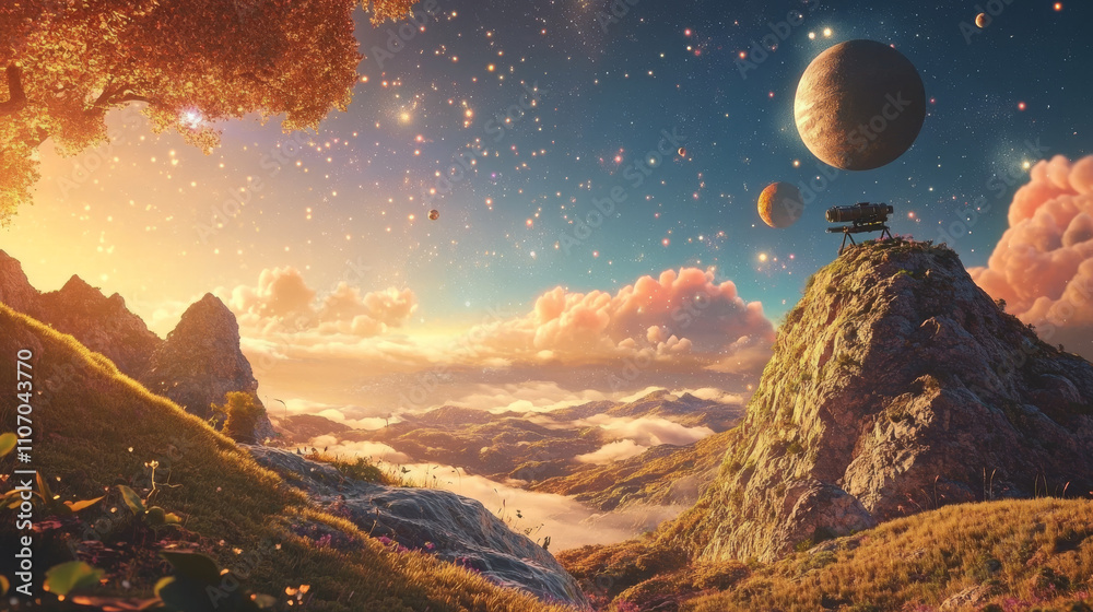 Space exploration cartoon poster with telescope stand on hill under ...