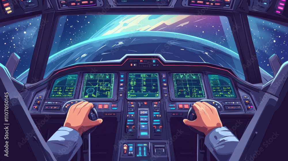 Ilustración de Stock Spaceship cockpit interior with male pilot hands ...