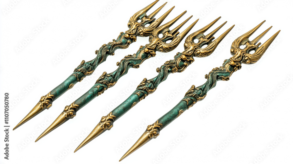 Poseidon tridents, marine God Neptune weapon, gold and green colored ...