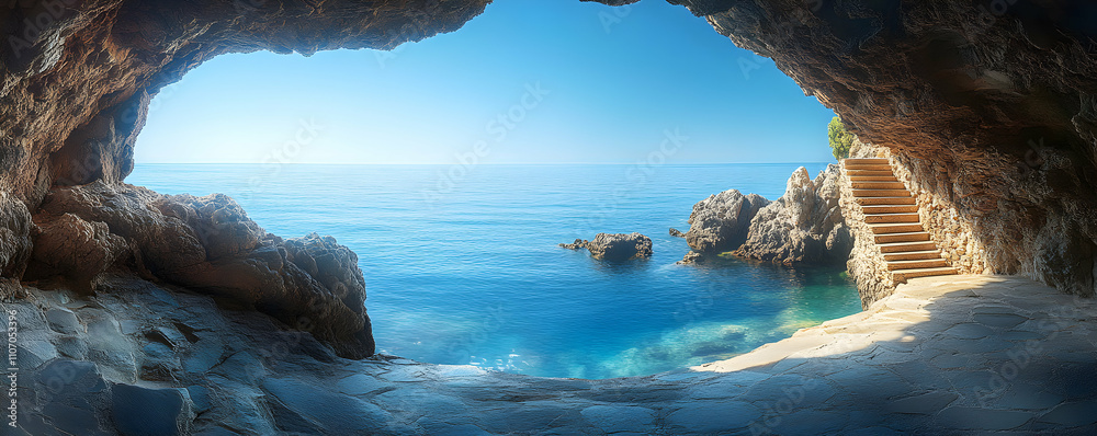 Ocean Cave View, Stone Steps Leading to a Serene Coastal Cove Stock ...