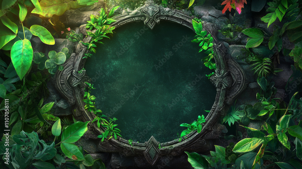 Jungle game stone ui frame cartoon vector icon. Forest leaf and liana ...