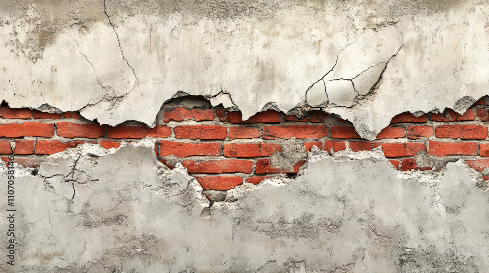 Broken concrete or painted white wall with red brick surface behind ...