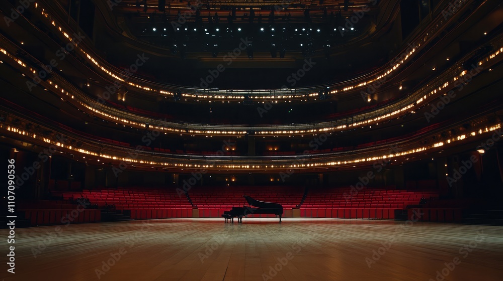 Grand concert hall featuring a grand piano on an empty stage with ...