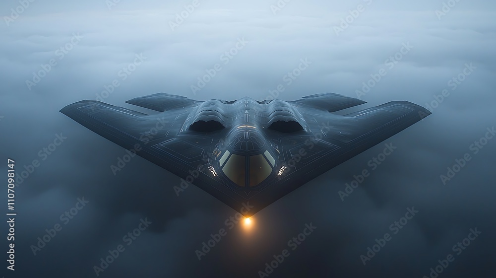 Photo realistic image of a B-2 Spirit bomber flying in the sky, viewed ...