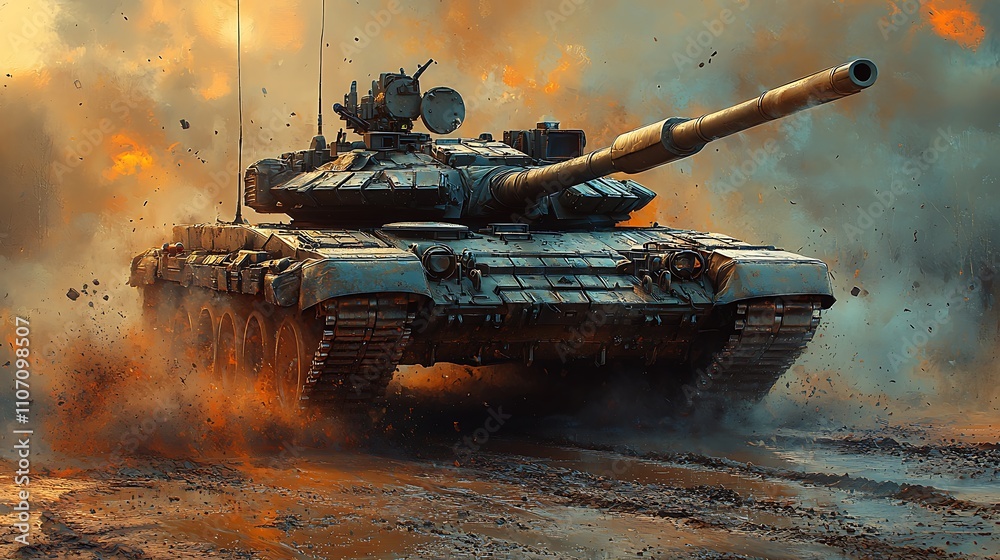 High-resolution, photo realistic depiction of a tank moving forward at ...