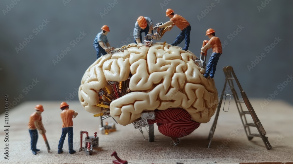 A brain under construction with tiny figures adding and fixing parts ...