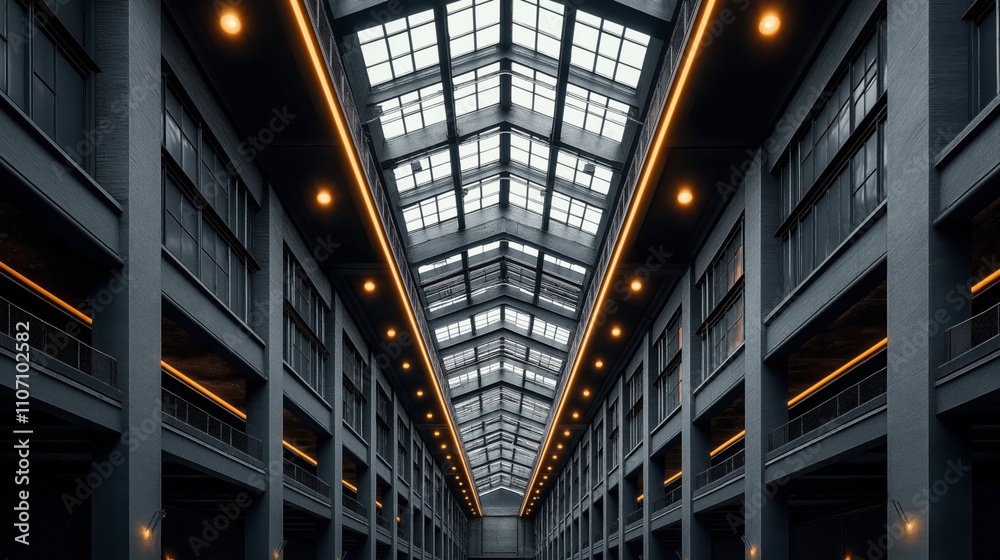 Symmetrical interior view of an industrial style building with large ...