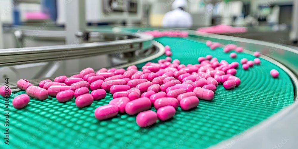 Photo Stock Pharmaceutical industry concept. A vibrant conveyor belt ...