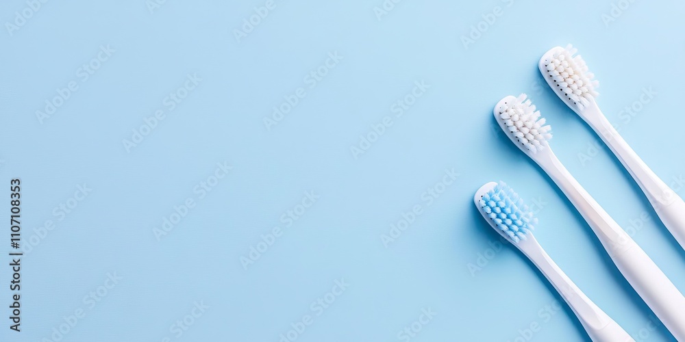 Health warning with guidelines concept. Three toothbrushes on a light ...