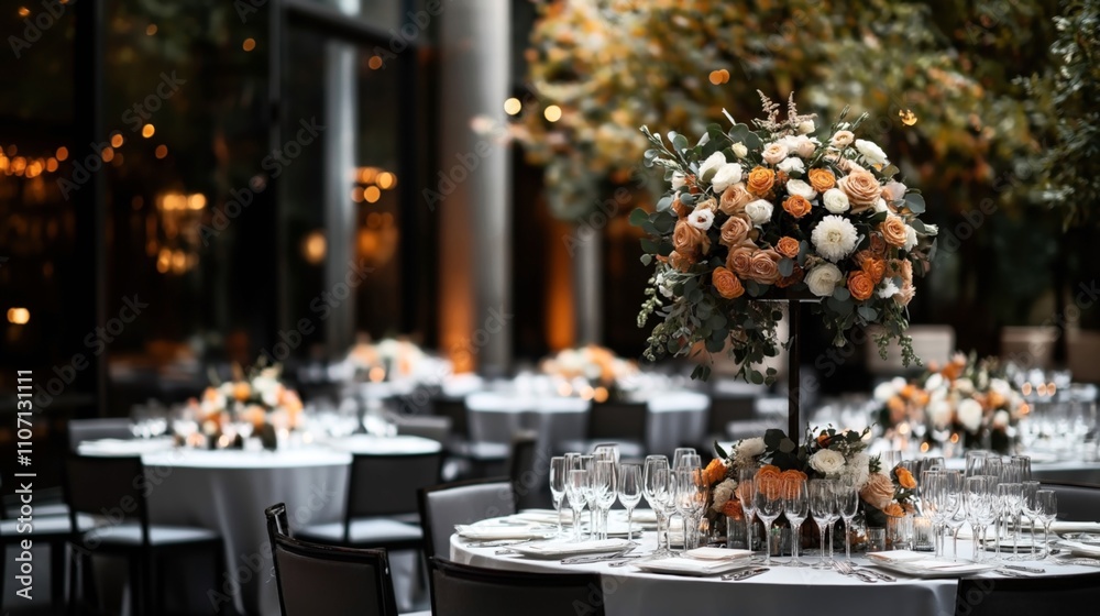 Foto de Stock Elegantly set round tables for an event with floral ...