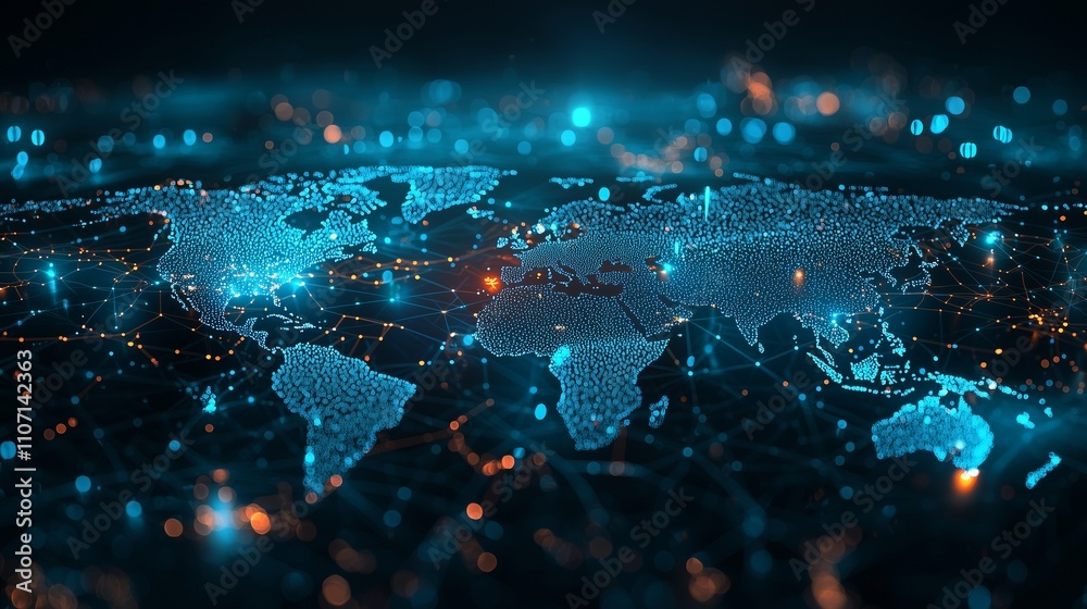 Digital world map with glowing nodes representing ai-driven global supply chains. Stock ...