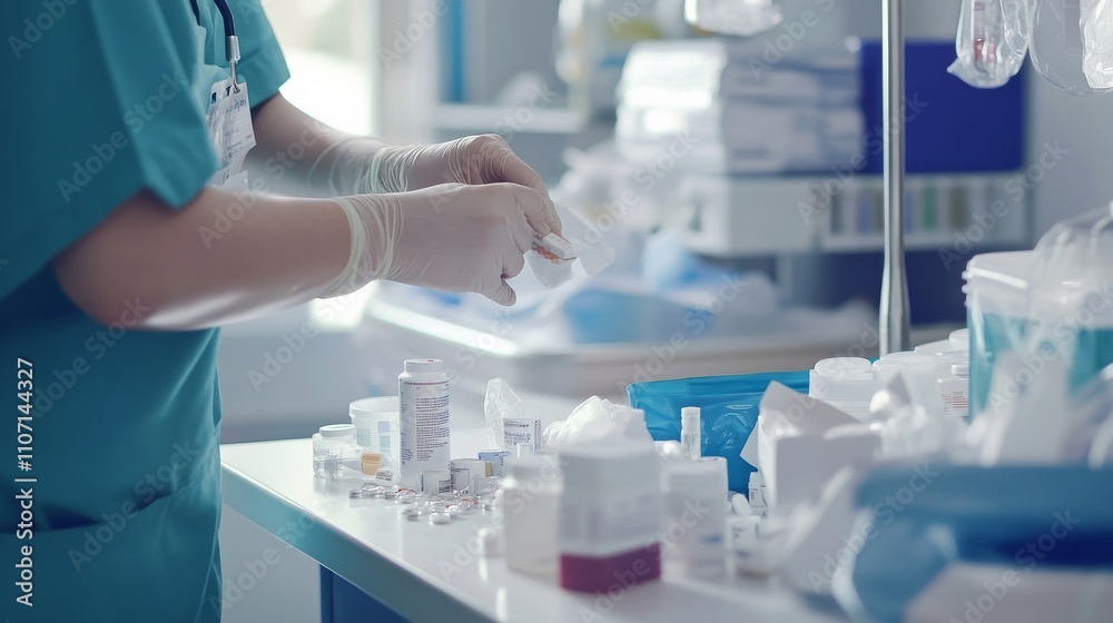 A nurse preparing medication in a clean hospital room, with medical ...