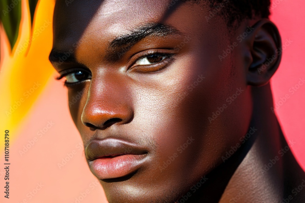 This portrait features a male model with striking facial features and ...
