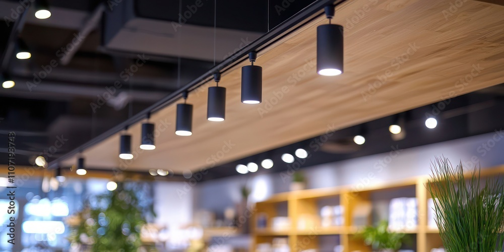 A modern track lighting mockup installed on a ceiling in a retail space ...