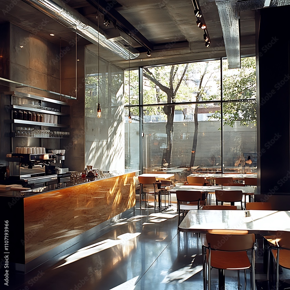 Sleek urban caf?(C) with transparent glass walls, showcasing a cozy ...