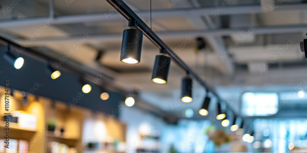 A modern track lighting mockup installed on a ceiling in a retail space ...