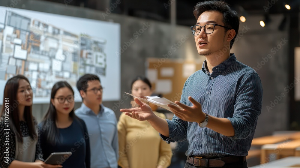 An Asian architect confidently presenting their design project to a ...