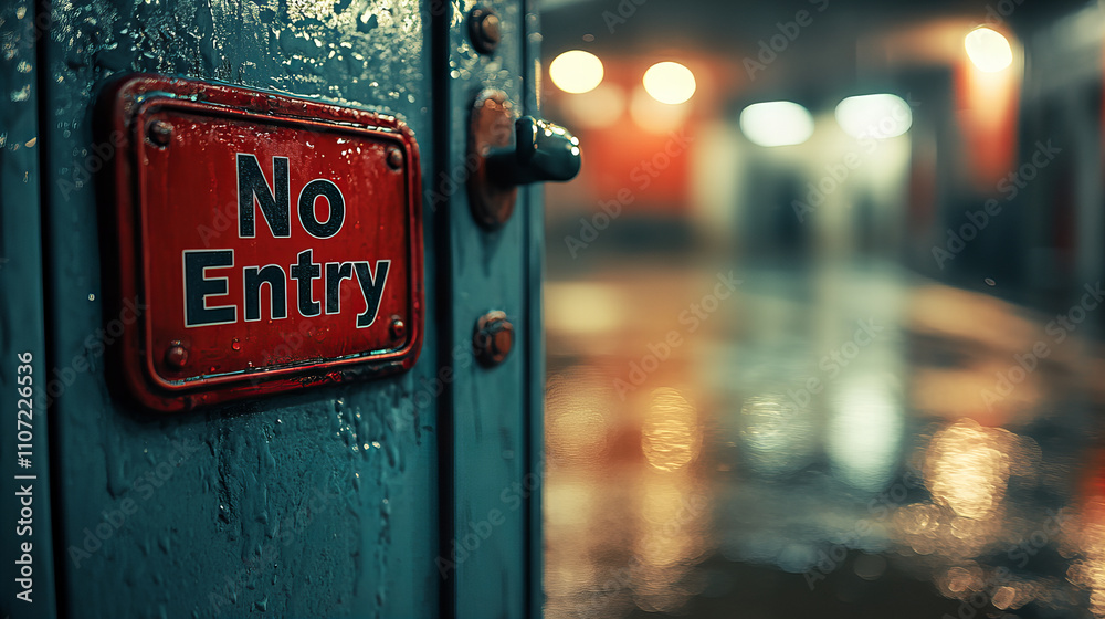 wet, dimly lit urban scene features locked gate with prominent No Entry ...