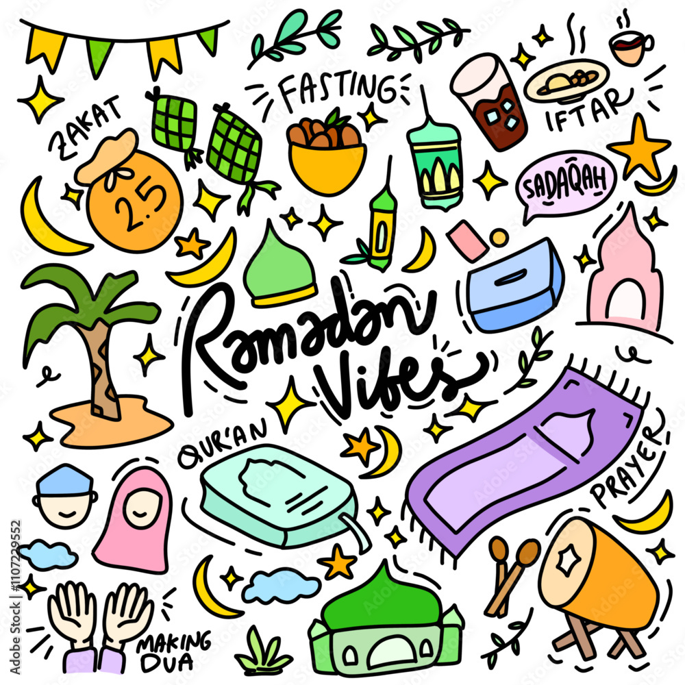Set of Islamic doodle element related to holly Ramadan. Illustration ...