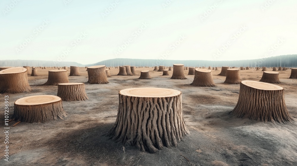 Numerous tree stumps spread across a barren landscape, representing ...
