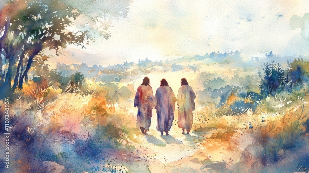 watercolor illustration of Jesus walking with two disciples on the road ...