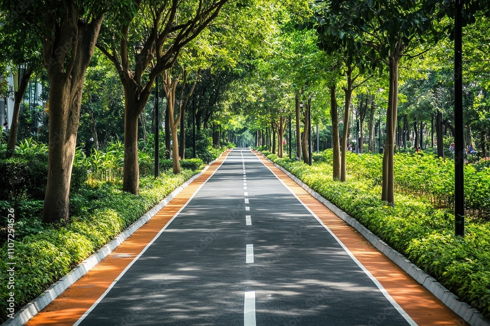 Sunny day in the city park: paved road with orange shoulders and white ...