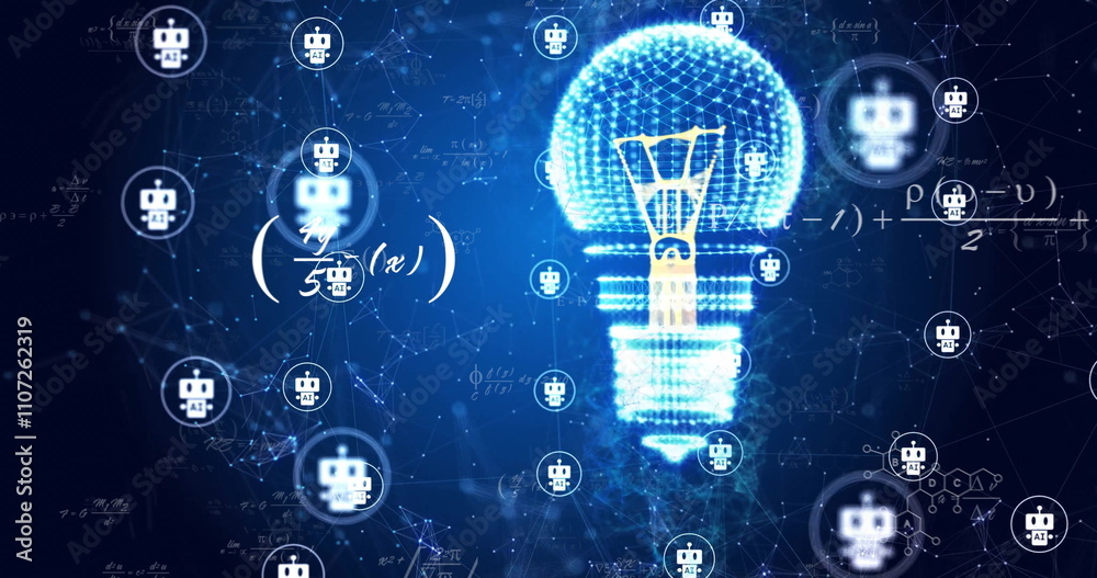 Image of chatbot icons, light bulb and networks over mathematical ...