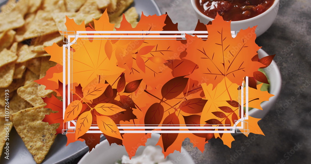 Image of frame with fall leaves over nachos with dips Stock Photo ...