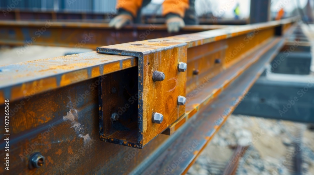 The steel beam installation in its final stages with workers ensuring ...
