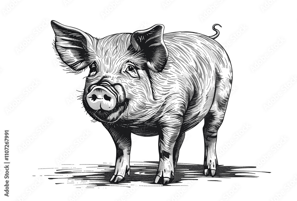 Pig, hog, boar. Vintage retro print, black white pig sketch ink pencil ...
