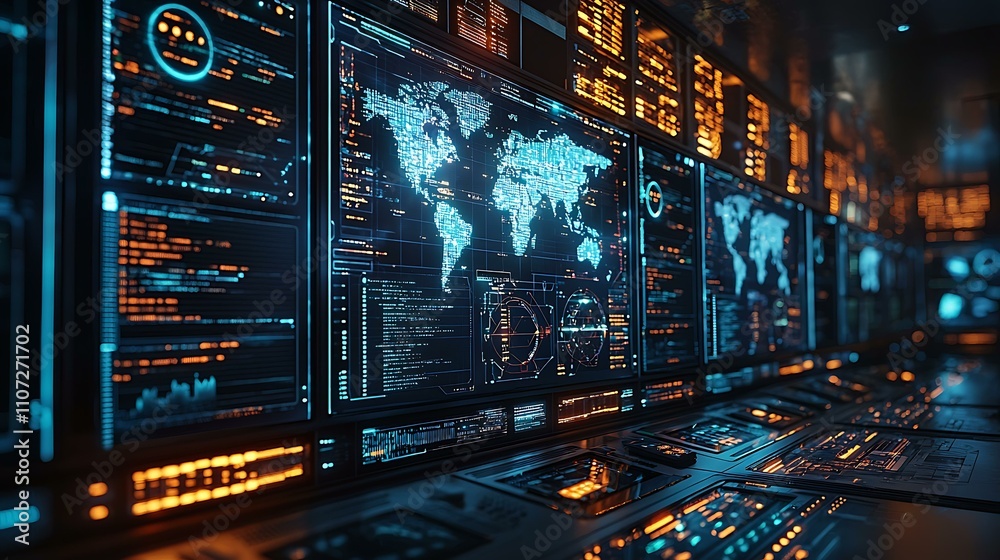 Hacking scene with multiple screens showing cryptic data and breaches ...