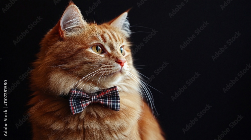 Elegant ginger Maine Coon cat wearing a plaid bow tie poses against ...