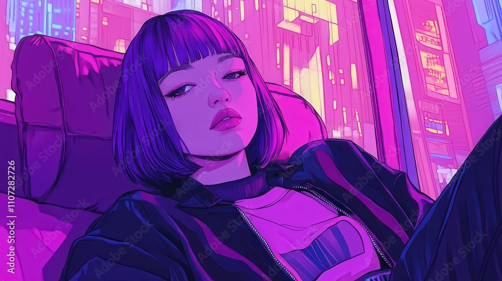 A young woman with a purple bob hairstyle in a retro cyberpunk outfit ...