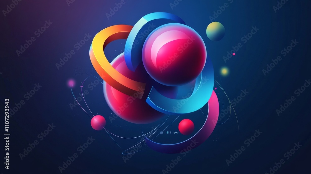 Virtual 3d element with circles, hexagons, triangles, lines, squares ...