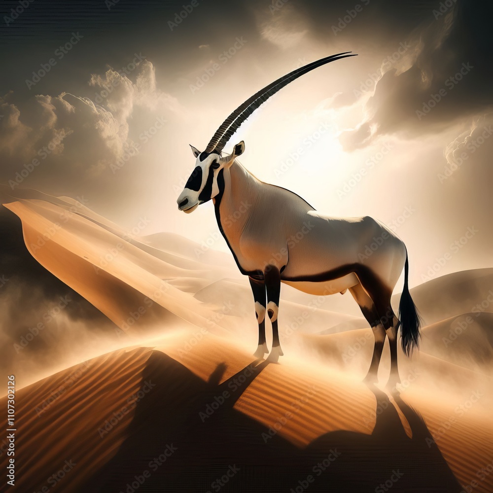 Arabian Oryx in the Desert A majestic oryx standing on a dune Stock ...