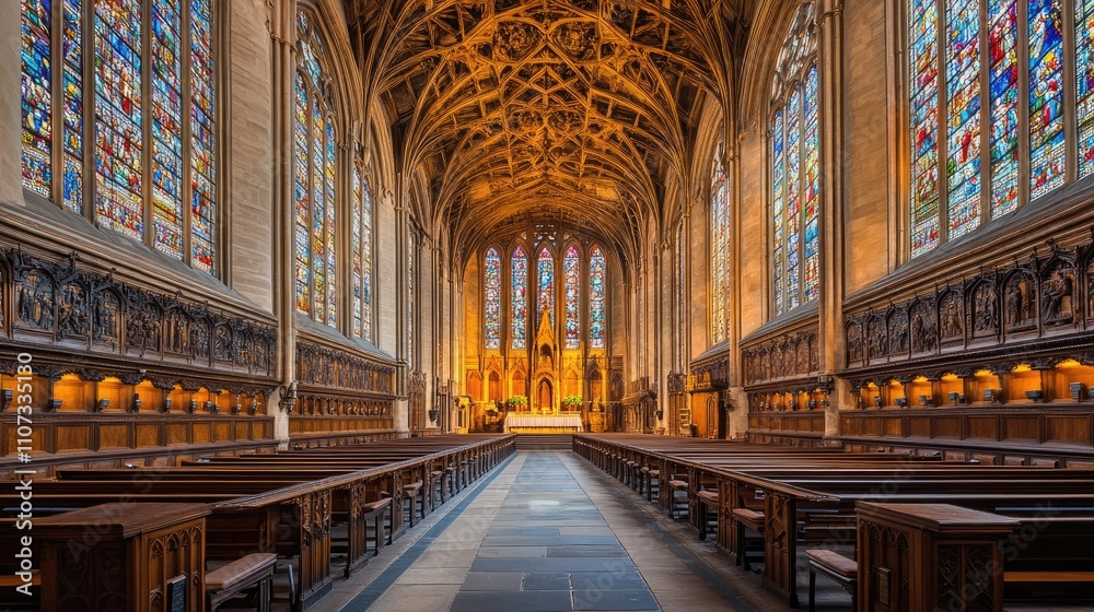 The interior of Christ Church with vaulted ceilings, stained glass ...