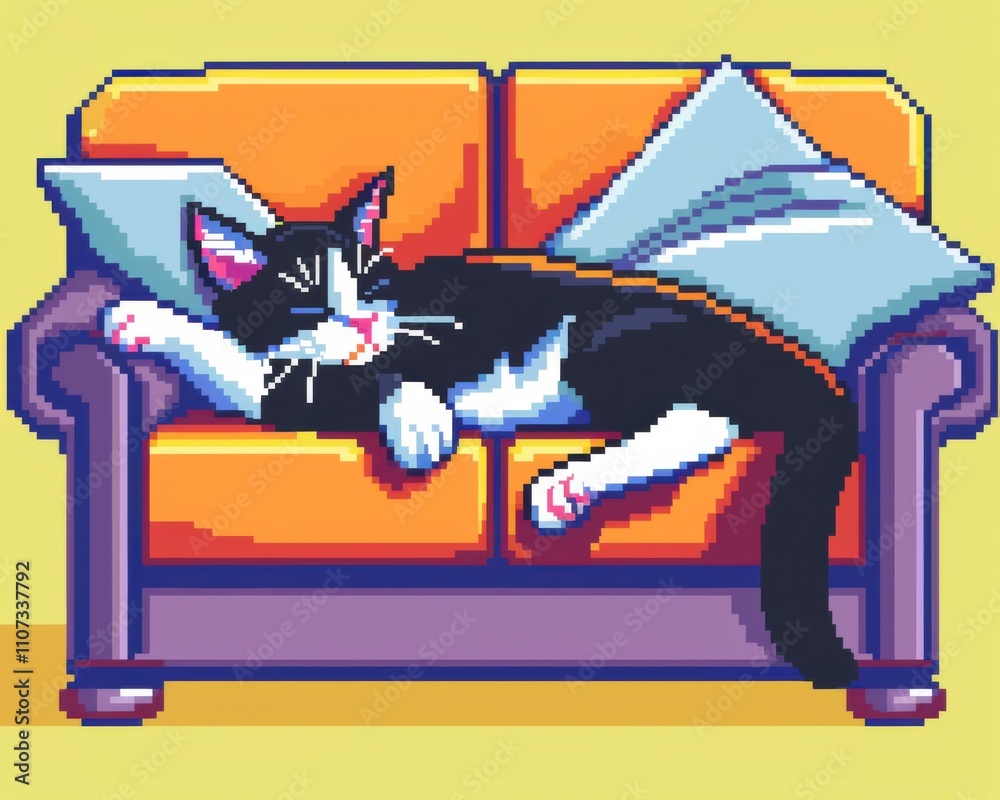 Pixel Cat Nap: A tuxedo cat luxuriates in a pixel art rendition of cozy ...