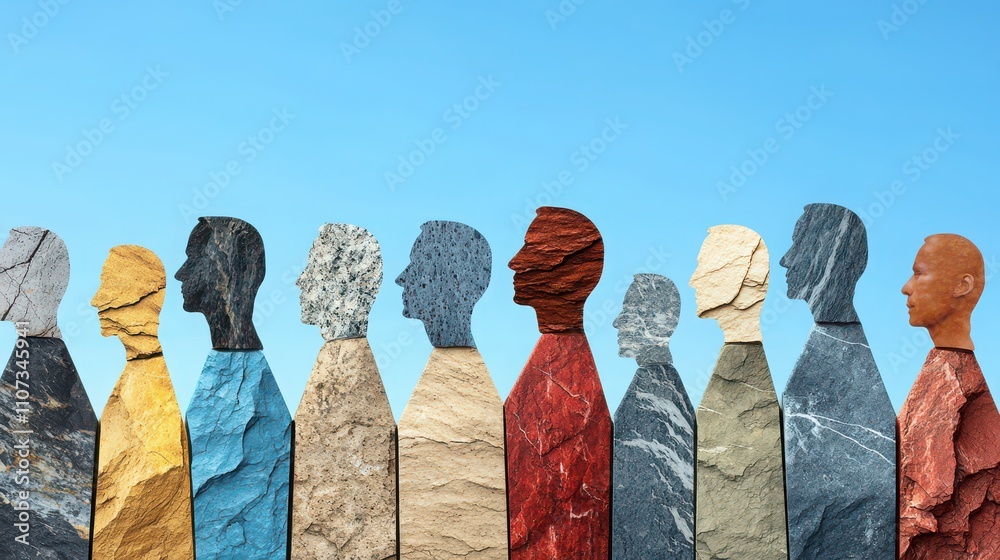 Sculpted peaks of unity rise, faces meld with earth's beauty, human ...