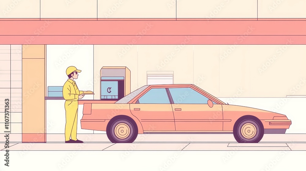 minimalist illustration of orange car at drive-through window, fast ...