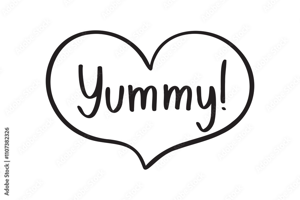Phrase Yummy Hand drawn doodle isolated clipart in heart symbol. Cute ...